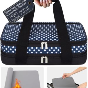 Premium Insulated Casserole Carrier with Heat-Resistant Mat for Hot or Cold Food – Fits 9”x13” or 11”x15” Baking Dishes, Lasagna Holder for Potlucks, Parties, Picnics, and Cookouts [Navy Polka Dot]