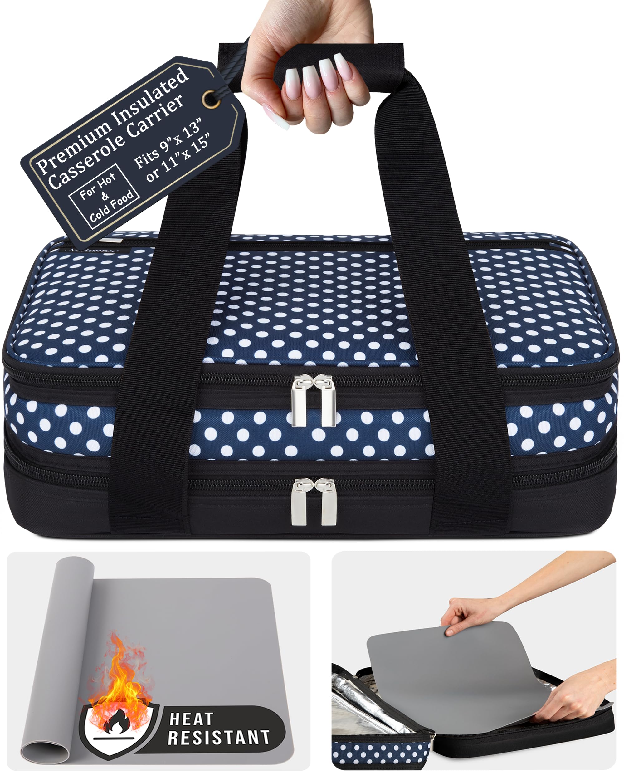 Premium Insulated Casserole Carrier with Heat-Resistant Mat for Hot or Cold Food – Fits 9”x13” or 11”x15” Baking Dishes, Lasagna Holder for Potlucks, Parties, Picnics, and Cookouts [Navy Polka Dot]