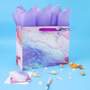 13" Large Purple and Red Gift Bag Set with Greeting Card and Tissue Paper(Marble Design) for Celebrating Birthdays, Valentine's Day, Weddings, Anniversaries, Mother's Day- 13”x5.2”x10.2”,1 Pcs