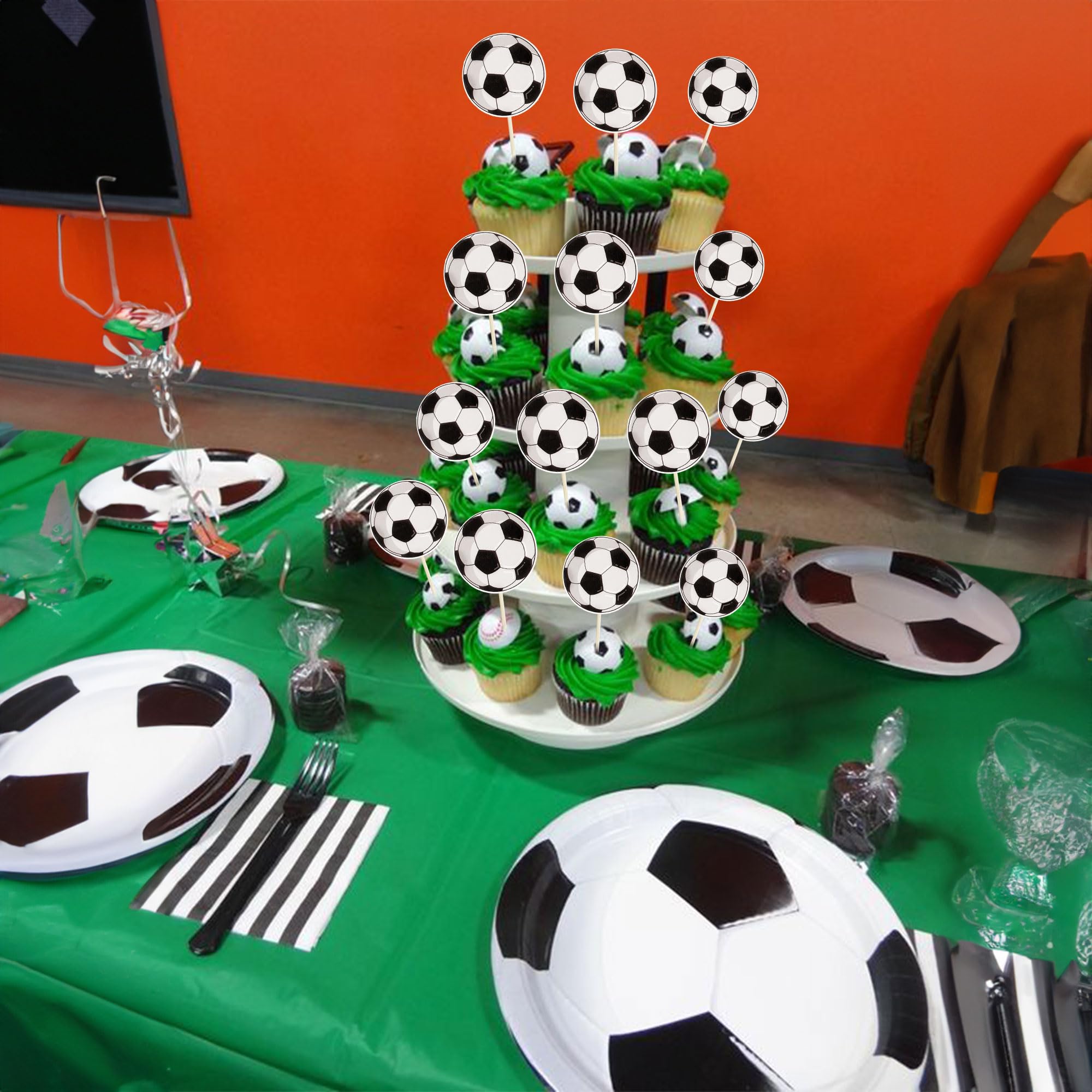 36Pcs Soccer Ball Cupcake Toppers Sports Theme Football Cupcake Food Toothpicks Baby Shower Cake Decorations for Sport Balls Theme Soccer Ball Kids Birthday Party Decorations