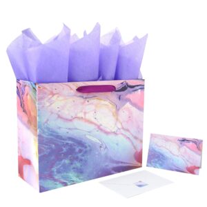 13" large purple and red gift bag set with greeting card and tissue paper(marble design) for celebrating birthdays, valentine's day, weddings, anniversaries, mother's day- 13”x5.2”x10.2”,1 pcs