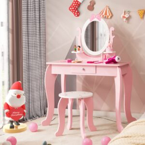 kotek 2-in-1 kids vanity with detachable top & 360° rotating mirror, little girls vanity set with mirror, stool and drawer, pink princess dressing table & chairs, makeup vanity desk for toddler 3-7