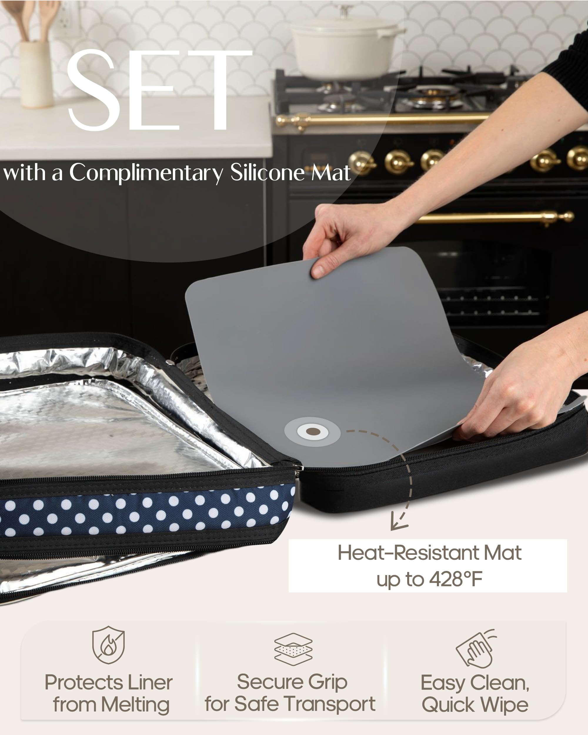 Premium Insulated Casserole Carrier with Heat-Resistant Mat for Hot or Cold Food – Fits 9”x13” or 11”x15” Baking Dishes, Lasagna Holder for Potlucks, Parties, Picnics, and Cookouts [Navy Polka Dot]