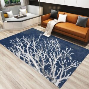 Navy Blue Ocean White Coral Area Rugs, Coastal Nautical Biology Theme Decorative Rug, with Anti-Slip Backing Washable Indoor Large Carpet for Living Room Bedroom Study Dining Room 5' x 6'