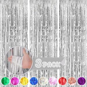 3 pack 3.2ft x 8.2ft silver metallic foil fringe curtains, tinsel streamers bachelorette party decorations, streamers birthday decorations, streamers party decorations for graduation, baby shower