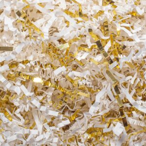 mcfleet 1 lb crinkle cut paper shred filler white & gold crinkle paper shredded paper for gift box - gift basket filler - gift box stuffing for christmas, halloween packaging wrapping