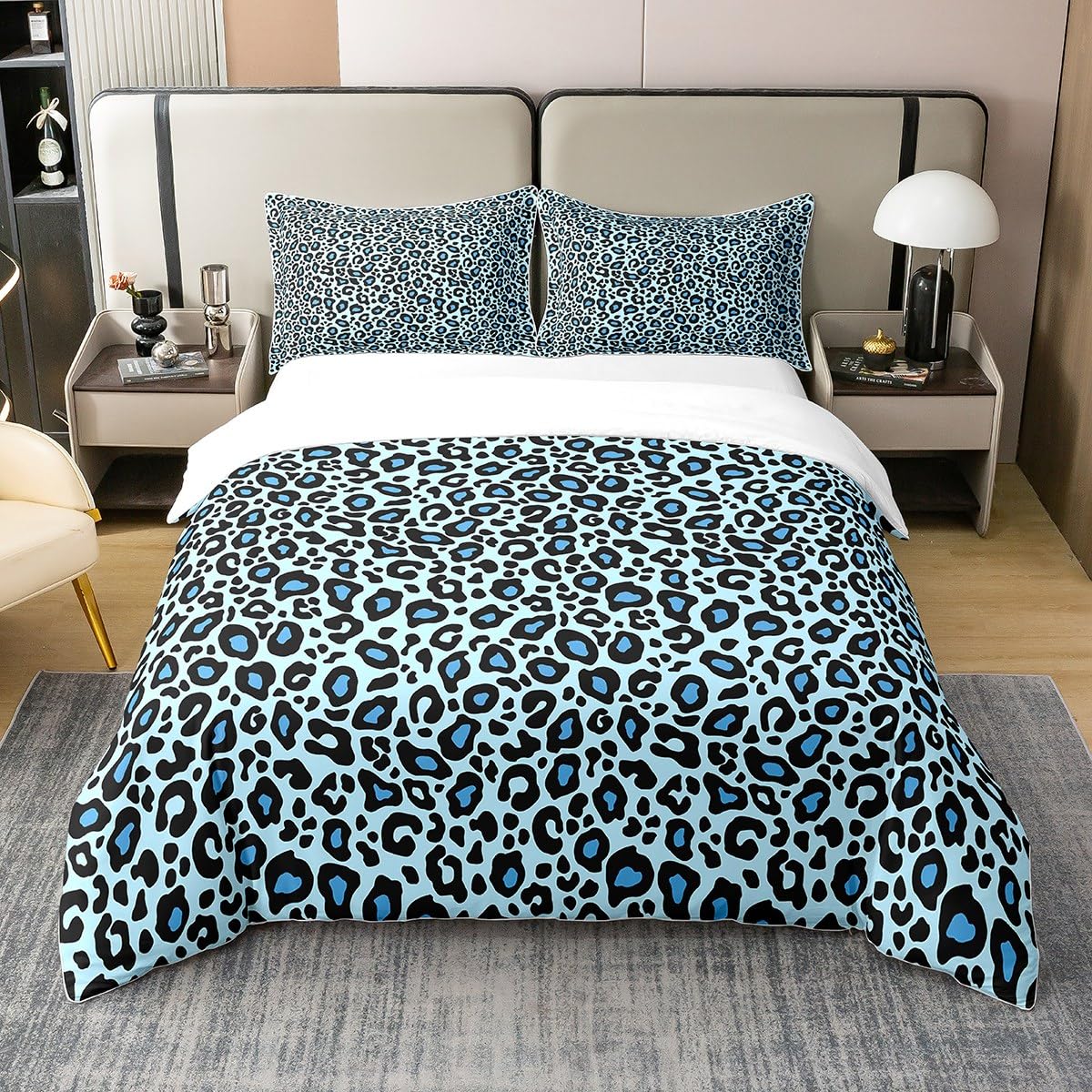 Castle Fairy Leopard Cheetah Pattern Duvet Cover Set 100% Natural Cotton Twin Size Leopard Print Blue Super Soft Bedding Set 2 PCS Wild Animal Skin Cotton Comforter Cover for Bedroom Decor