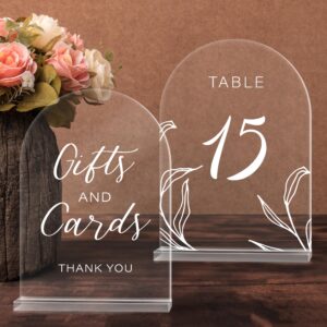 clear arch wedding table numbers with stands 1-15, with two additional table signs for guestbook, gift & card, 5x7 acrylic display signs & holders, pack of 17, perfect for centerpiece, reception, decoration, party, anniversary, event