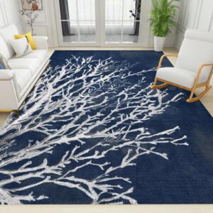 navy blue ocean white coral area rugs, coastal nautical biology theme decorative rug, with anti-slip backing washable indoor large carpet for living room bedroom study dining room 5' x 6'