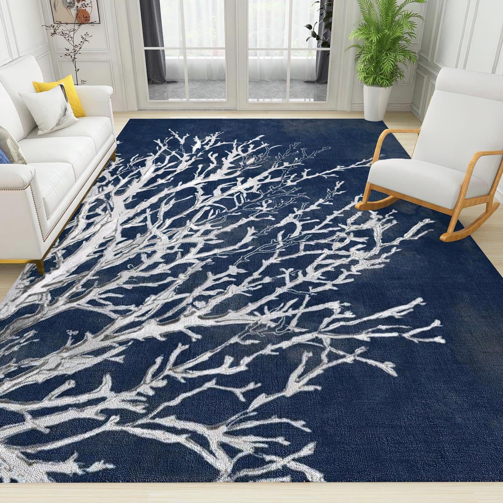 Navy Blue Ocean White Coral Area Rugs, Coastal Nautical Biology Theme Decorative Rug, with Anti-Slip Backing Washable Indoor Large Carpet for Living Room Bedroom Study Dining Room 5' x 6'