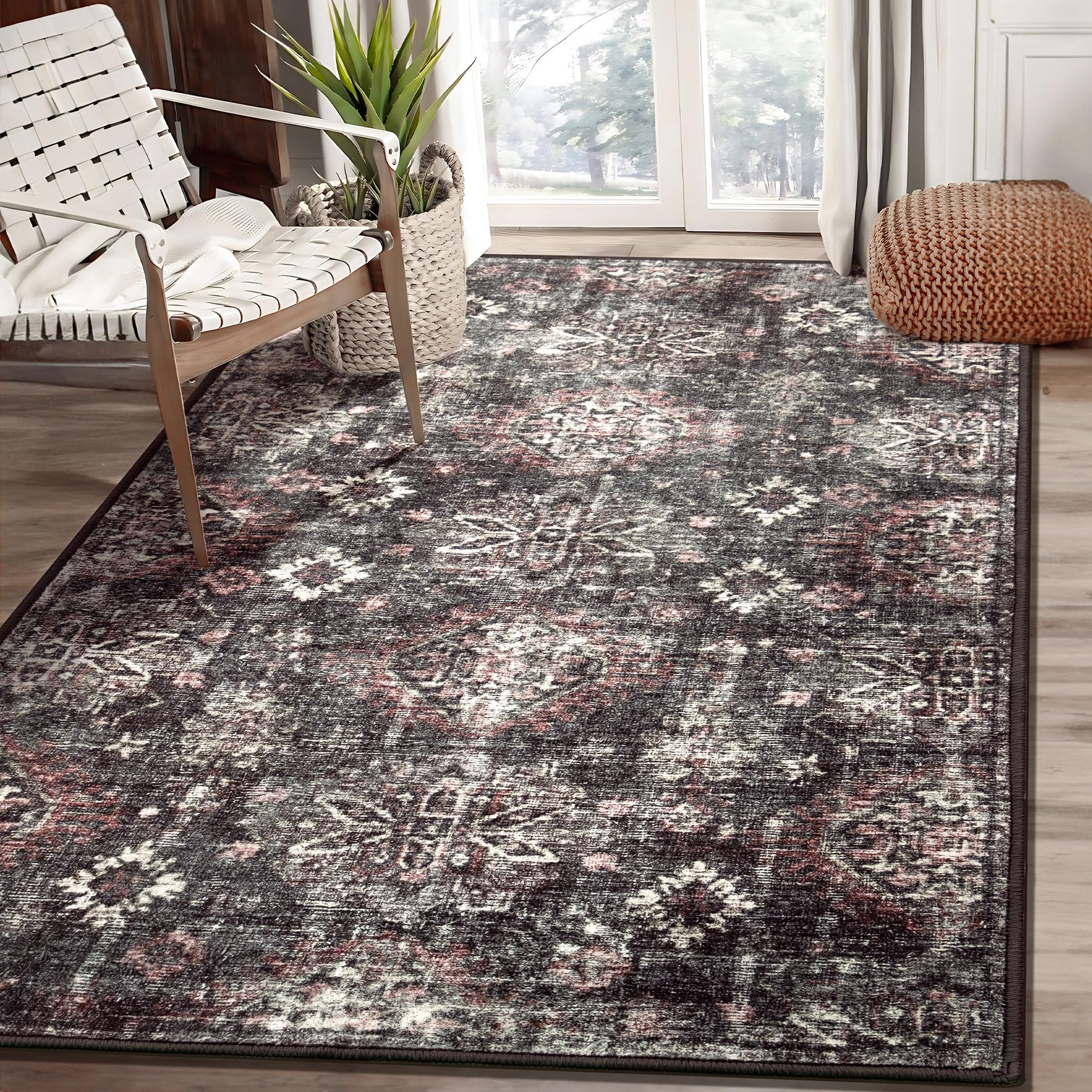 Castage Black Rug 3’x5’ Washable Area Rugs for Bedroom Living Room Kitchen Entryway Bathroom Boho Small Vintage Aztec Distressed Laundry Room Red Carpet Soft Non Slip