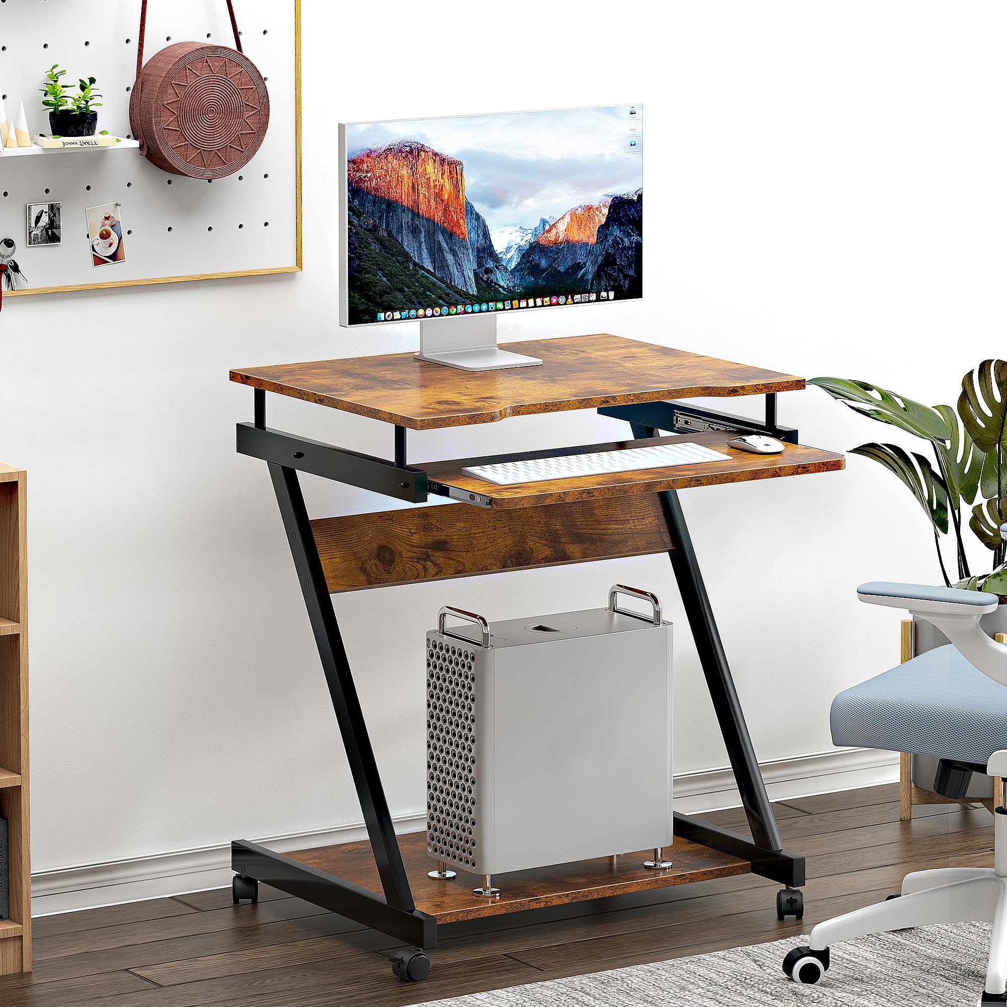 sogesfurniture Retro Computer Desk, Small Mobile Workstation with Keyboard Tray, Printer Shelf & Storage, 23.6x18.9x28.7 inches, Engineered Wood, for Home and Office