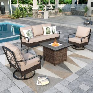 sophia & william patio furniture set with 32" fire pit table, 3-seater sofa, 2 swivel chairs, 5 seats outdoor metal conversation sets for seating lawn garden backyard,beige