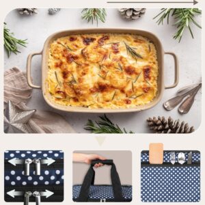 Premium Insulated Casserole Carrier with Heat-Resistant Mat for Hot or Cold Food – Fits 9”x13” or 11”x15” Baking Dishes, Lasagna Holder for Potlucks, Parties, Picnics, and Cookouts [Navy Polka Dot]