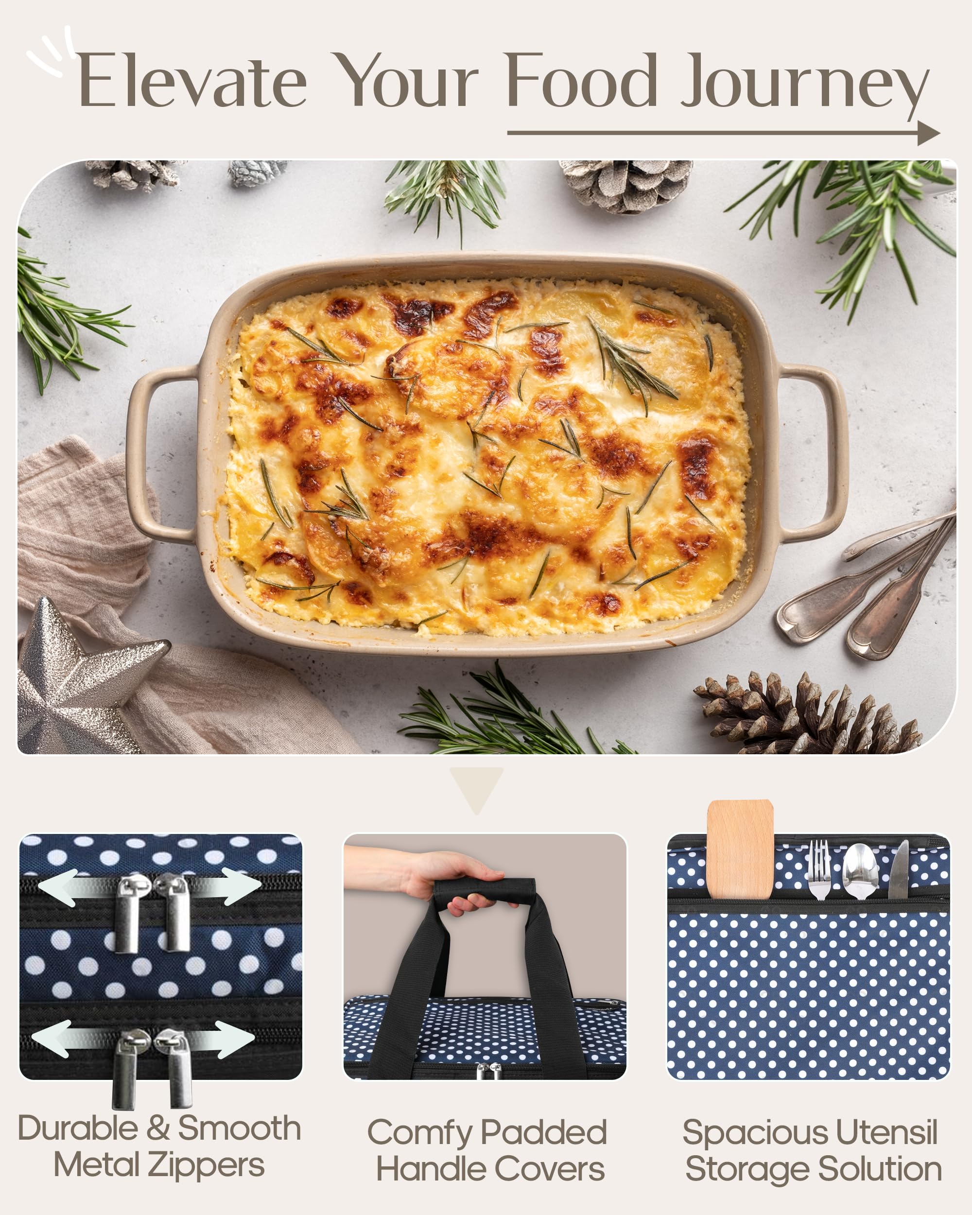 Premium Insulated Casserole Carrier with Heat-Resistant Mat for Hot or Cold Food – Fits 9”x13” or 11”x15” Baking Dishes, Lasagna Holder for Potlucks, Parties, Picnics, and Cookouts [Navy Polka Dot]