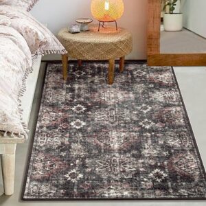 Castage Black Rug 3’x5’ Washable Area Rugs for Bedroom Living Room Kitchen Entryway Bathroom Boho Small Vintage Aztec Distressed Laundry Room Red Carpet Soft Non Slip