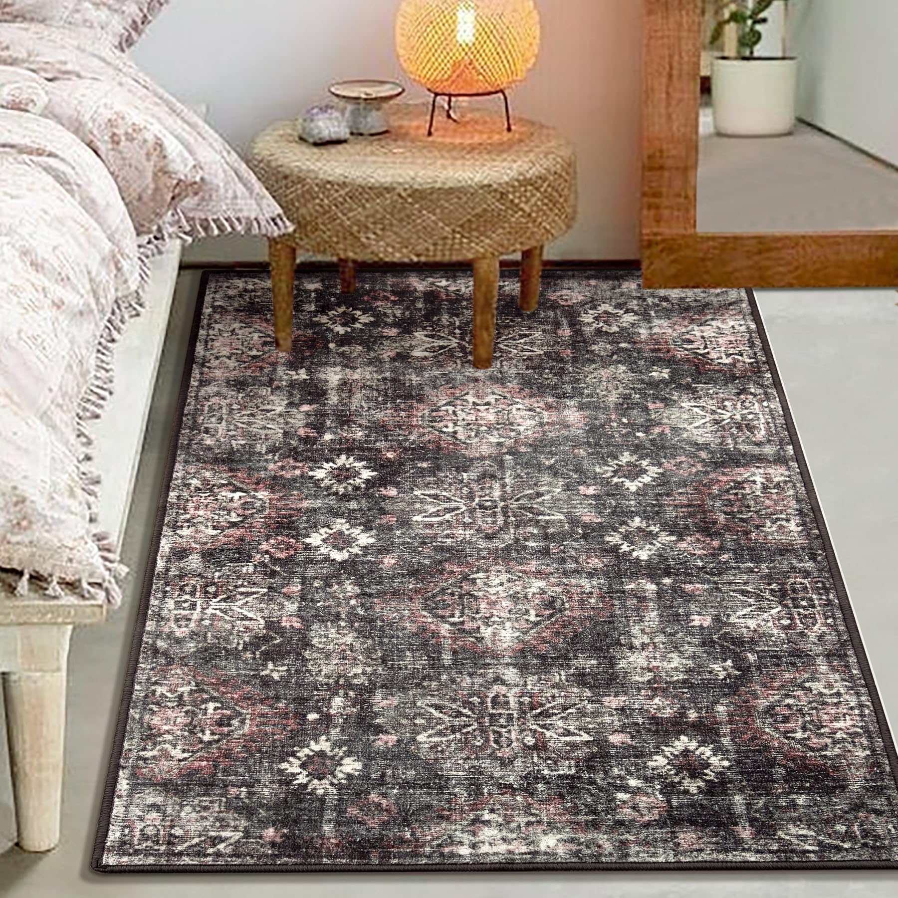 Castage Black Rug 3’x5’ Washable Area Rugs for Bedroom Living Room Kitchen Entryway Bathroom Boho Small Vintage Aztec Distressed Laundry Room Red Carpet Soft Non Slip