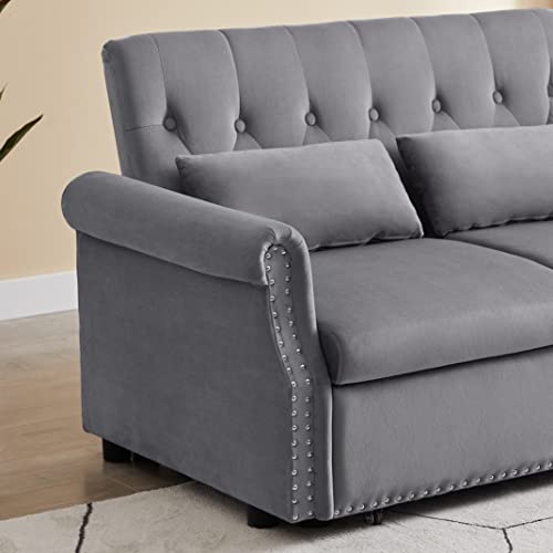 Modern Convertible Loveseat Sofa W/Pull Out Sleeper Couch Bed,2 Seater Sofa & Couch W/ Adjustable Backrest,Tufted Daybed for Home Apartment Office Living Room Velvet Twin 2 Pillows Nailhead Decor