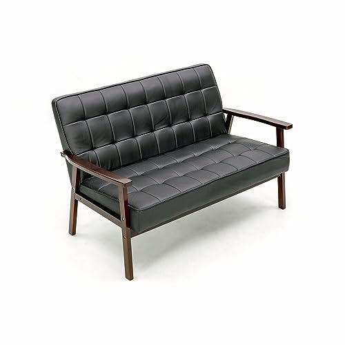 Panana 2 Seats Loveseat Sofa Couch Living Room Wood Frame Furniture, 2 Seater Sofa Armchair Two Seat Sofa Chair, Black Artificial Leather Upholstered Wooden Armrest Love Seats Small Sofa