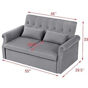 Modern Convertible Loveseat Sofa W/Pull Out Sleeper Couch Bed,2 Seater Sofa & Couch W/ Adjustable Backrest,Tufted Daybed for Home Apartment Office Living Room Velvet Twin 2 Pillows Nailhead Decor