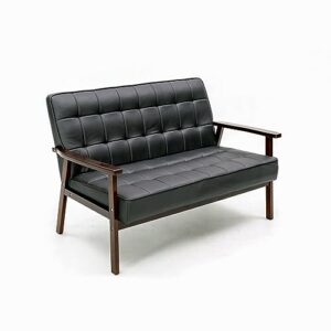 Panana 2 Seats Loveseat Sofa Couch Living Room Wood Frame Furniture, 2 Seater Sofa Armchair Two Seat Sofa Chair, Black Artificial Leather Upholstered Wooden Armrest Love Seats Small Sofa