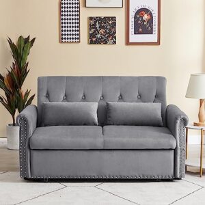 Modern Convertible Loveseat Sofa W/Pull Out Sleeper Couch Bed,2 Seater Sofa & Couch W/ Adjustable Backrest,Tufted Daybed for Home Apartment Office Living Room Velvet Twin 2 Pillows Nailhead Decor