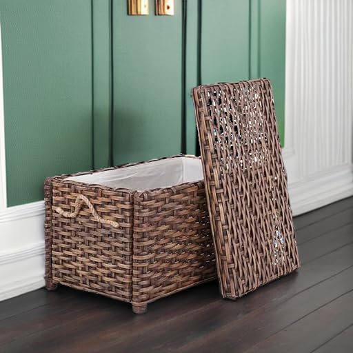 happimess HPM9003C Jacob 31.5" Wicker Storage Trunk Collapsible for Flat Storage and Removable Lid for Home, Office, Dorm Room, Living Room, Bedroom, Dark Brown Wash