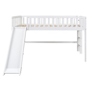 Full Size Low Loft Bed with Slide Wood Junior Loft Beds Frame with Ladder and Guardrails for Kids Boys Girls, White