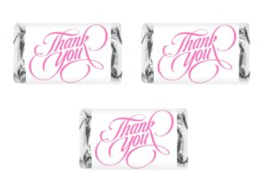 60 modern thank you miniatures candy bar wrapper in pink, adorable stickers for weddings, bridal shower engagement party decorations, favors, party supplies. candy not included. made in usa