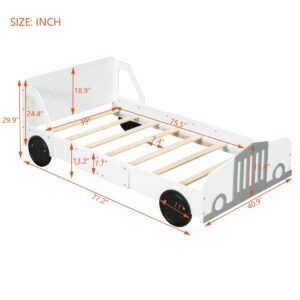 Yuxuanhang Twin Size Modern Car-Shaped Platform Bed, Unique Styled Children's Bed with Wheels and Rails on Both Sides Beside The Headboard for Children's Room Bedroom, White