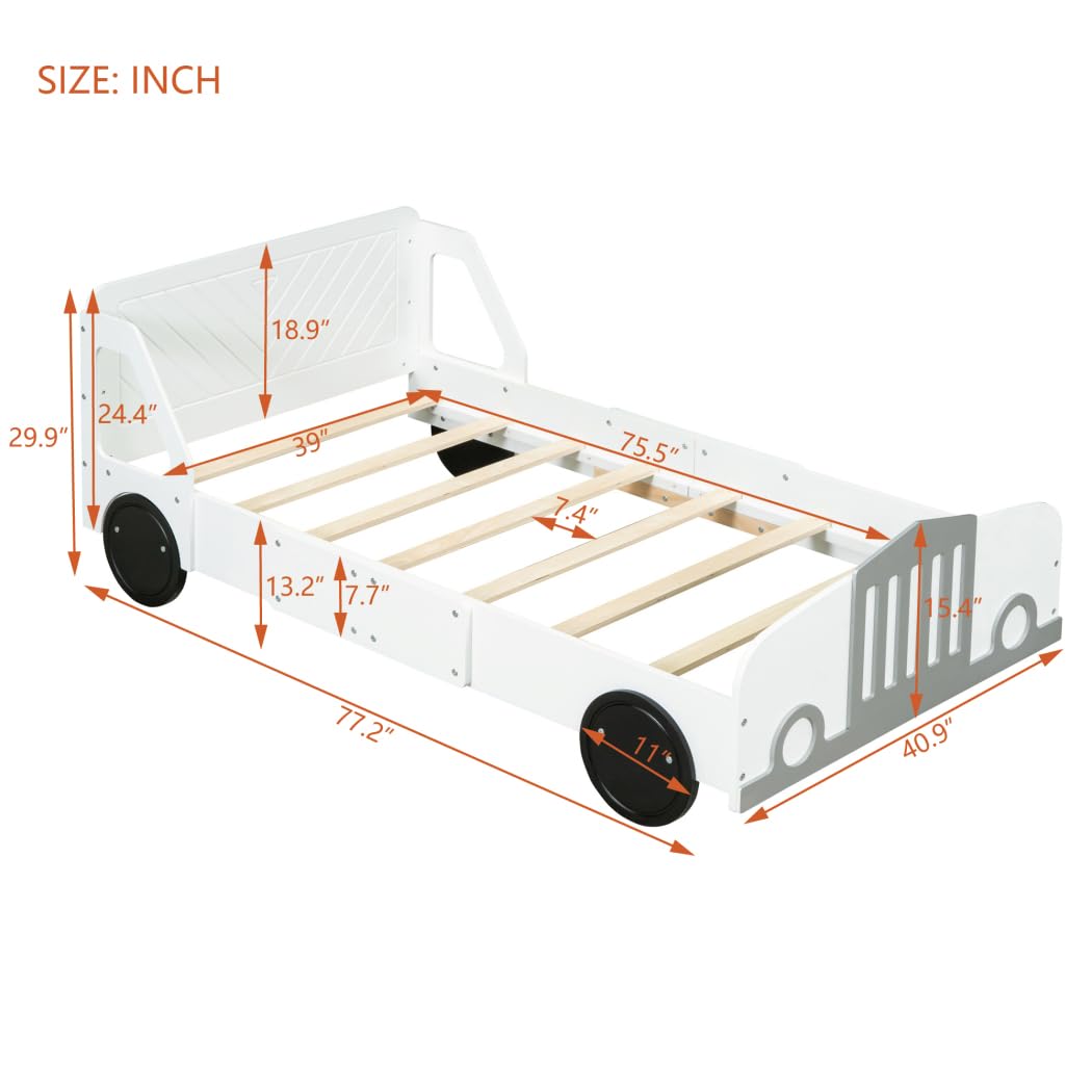 Yuxuanhang Twin Size Modern Car-Shaped Platform Bed, Unique Styled Children's Bed with Wheels and Rails on Both Sides Beside The Headboard for Children's Room Bedroom, White