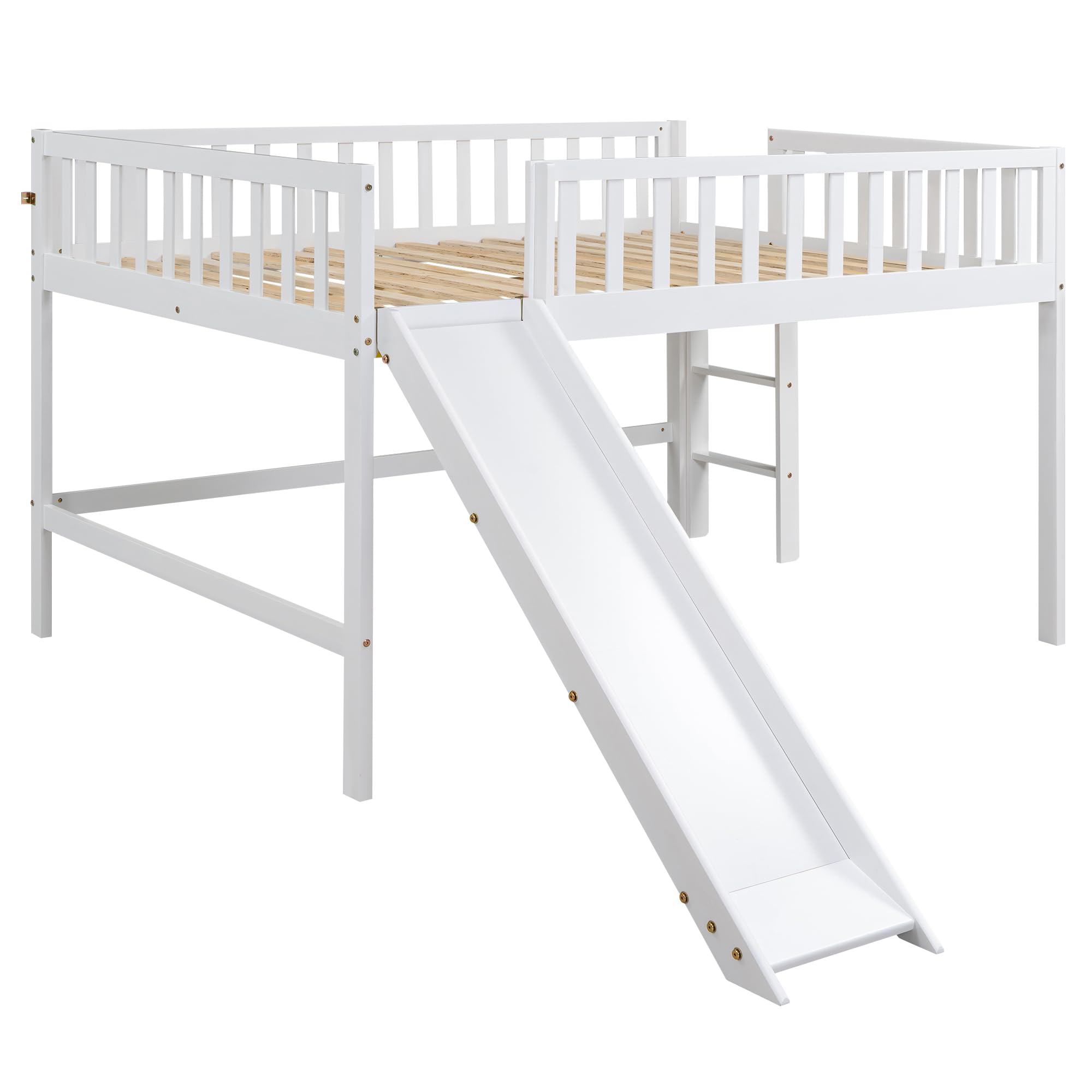 Full Size Low Loft Bed with Slide Wood Junior Loft Beds Frame with Ladder and Guardrails for Kids Boys Girls, White