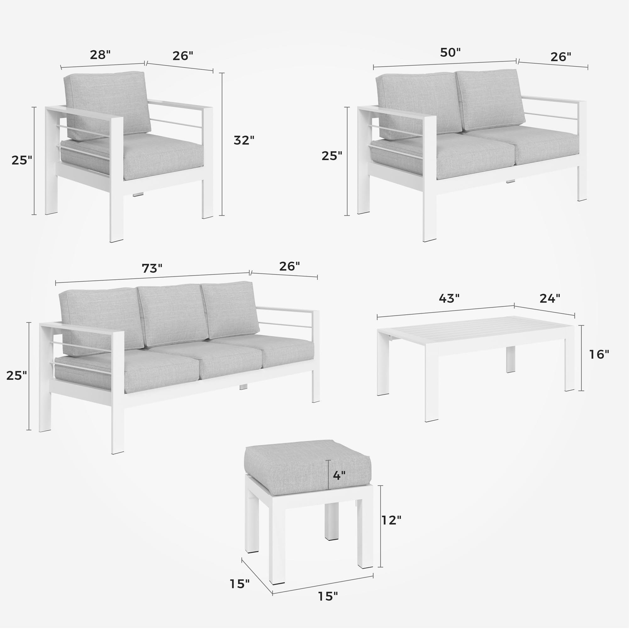 Solaste Aluminum Patio Furniture Set,4 Piece Metal Outdoor Furniture with 5 Inch Water-Resistant Cushions and Coffee Table for Balcony,Front Porch,and Backyard,White