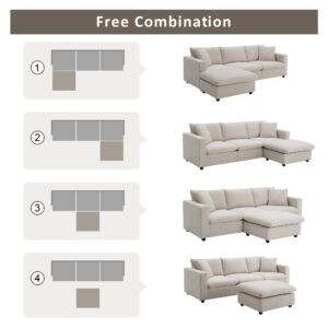 JURMALYN 100.4" Modern Sectional Sofa Couch 3-Seat Sofa Couch with Ottoman for Living Room L-Shape Sofa Couch, Upholstered Sofa with 2 Pillows Fabric Couch Set for Apartment Office Beige