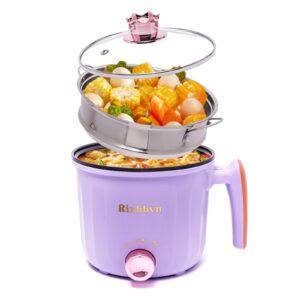 rixhbvn hot pot electric with steamer, rapid noodles cooker,non-stick electric pot for raman, soup, noodles, steak, oatmeal, rapid, with temperature control, (rotary switch), 1.8l,purple