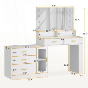 AOGLLATI Makeup Vanity Desk with Mirror and Lights & Charging Station, White Vanity Table with 3 Drawers LED Dresser, Makeup Desk with 3 Lighting Modes, 5 Drawers and Cabinet Storage