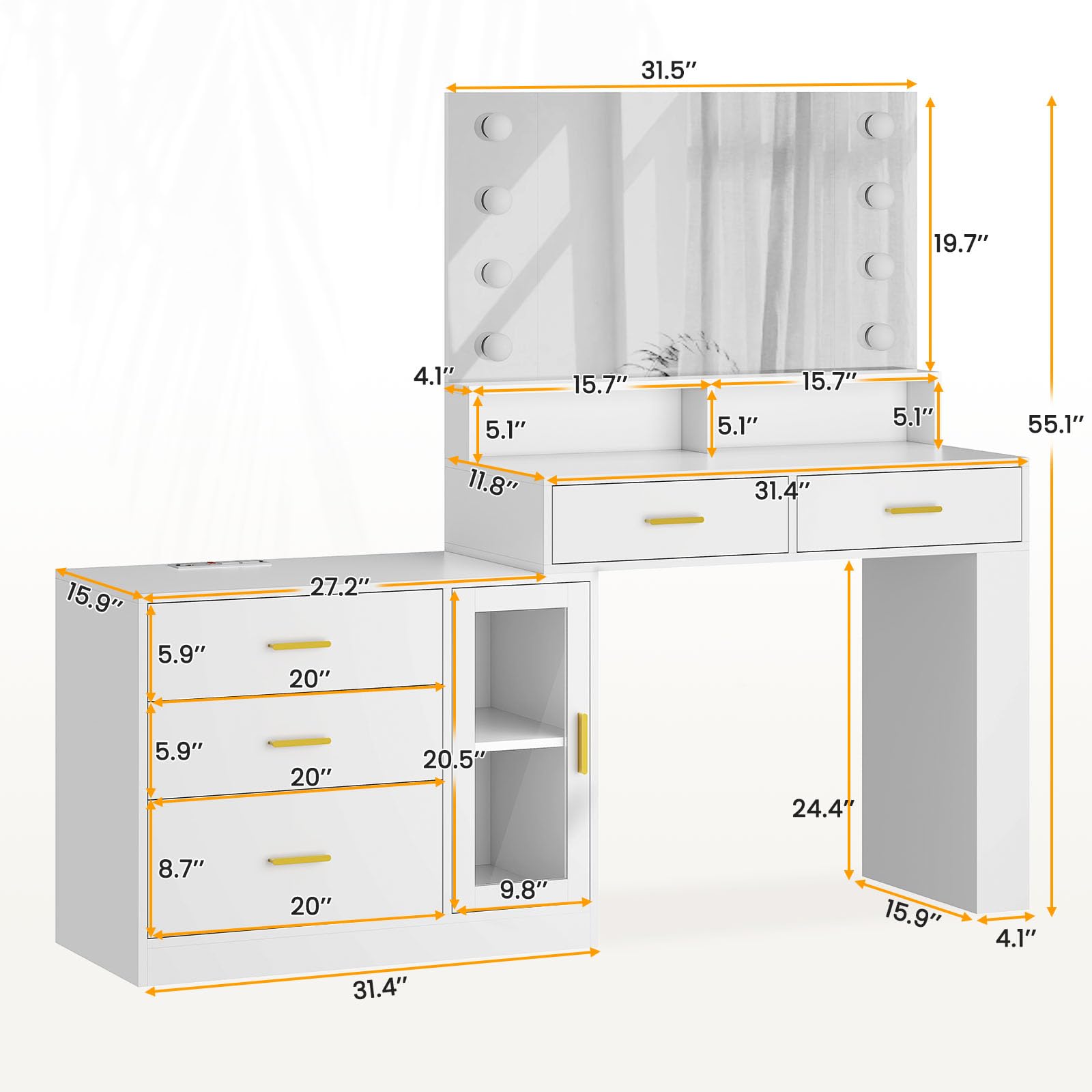 AOGLLATI Makeup Vanity Desk with Mirror and Lights & Charging Station, White Vanity Table with 3 Drawers LED Dresser, Makeup Desk with 3 Lighting Modes, 5 Drawers and Cabinet Storage