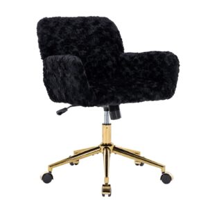 faux fur desk chair vanity makeup chair, comfy fluffy swivel home office chiar with wheels, height adjustable comfy fluffy desk chair for teens girls women, easy movable (black-rabbit fur, gold base)