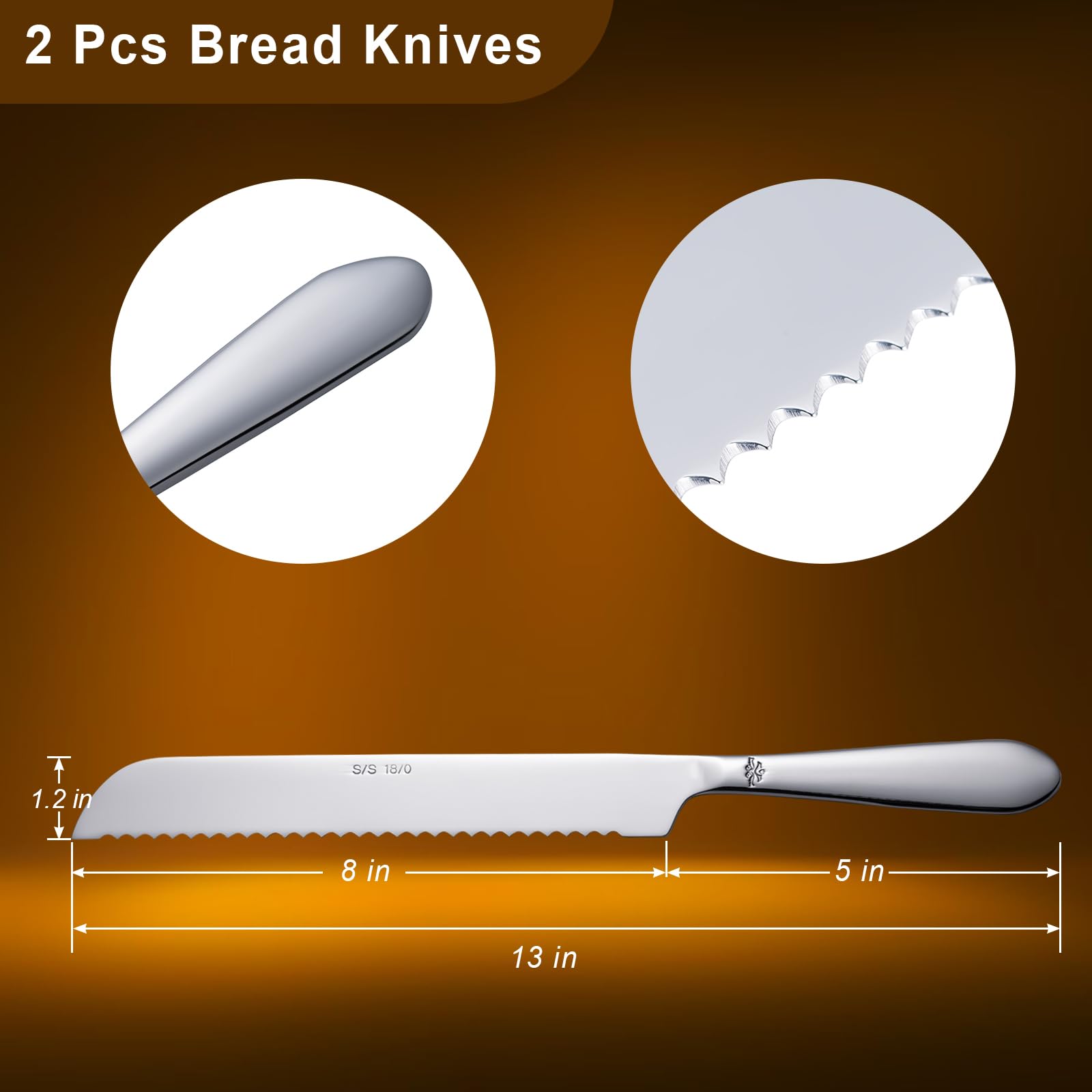 Eisinly Bread Knife, 2 Piece 13 Inches Serrated Bread Knives, Professional Design One-piece Stainless Steel Bread Slicing Knife for Baker, Baking Lover Efficiently Cutting Homemade Bread, Silver