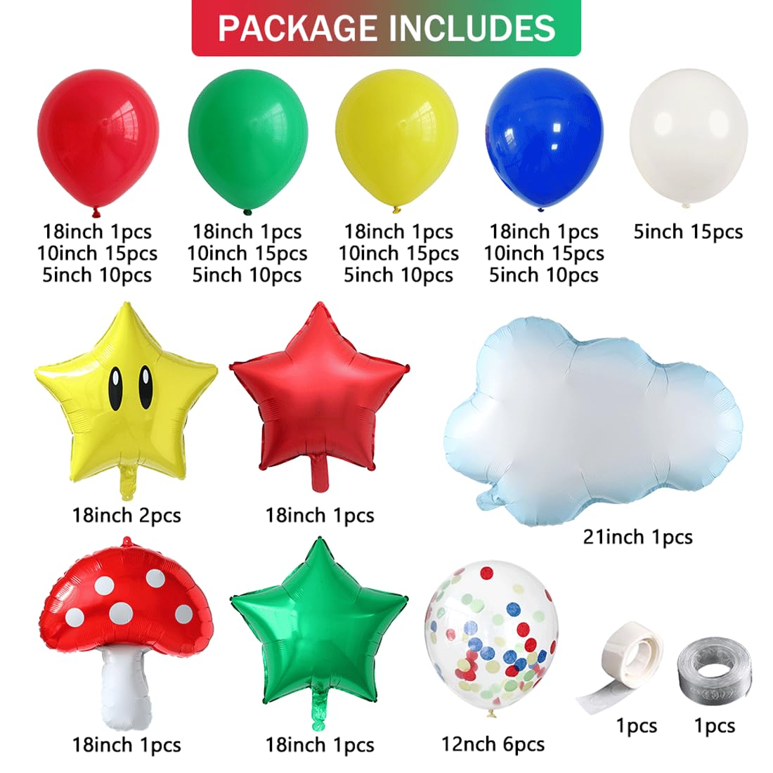 133Pcs Red Blue Green Yellow Balloon Garland Kit with Confetti Balloon Cloud Mushroom Star Balloons for Cartoon Video Game Theme Birthday Birthday Party Supplies