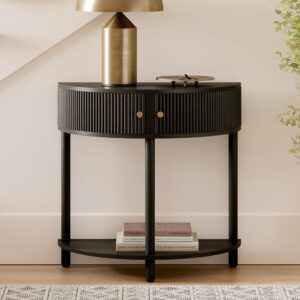 fluted half moon console table - small entry table with storage for narrow spaces - modern boho home decor - living room furniture - solid wood entryway table with two doors and brass knobs (black)