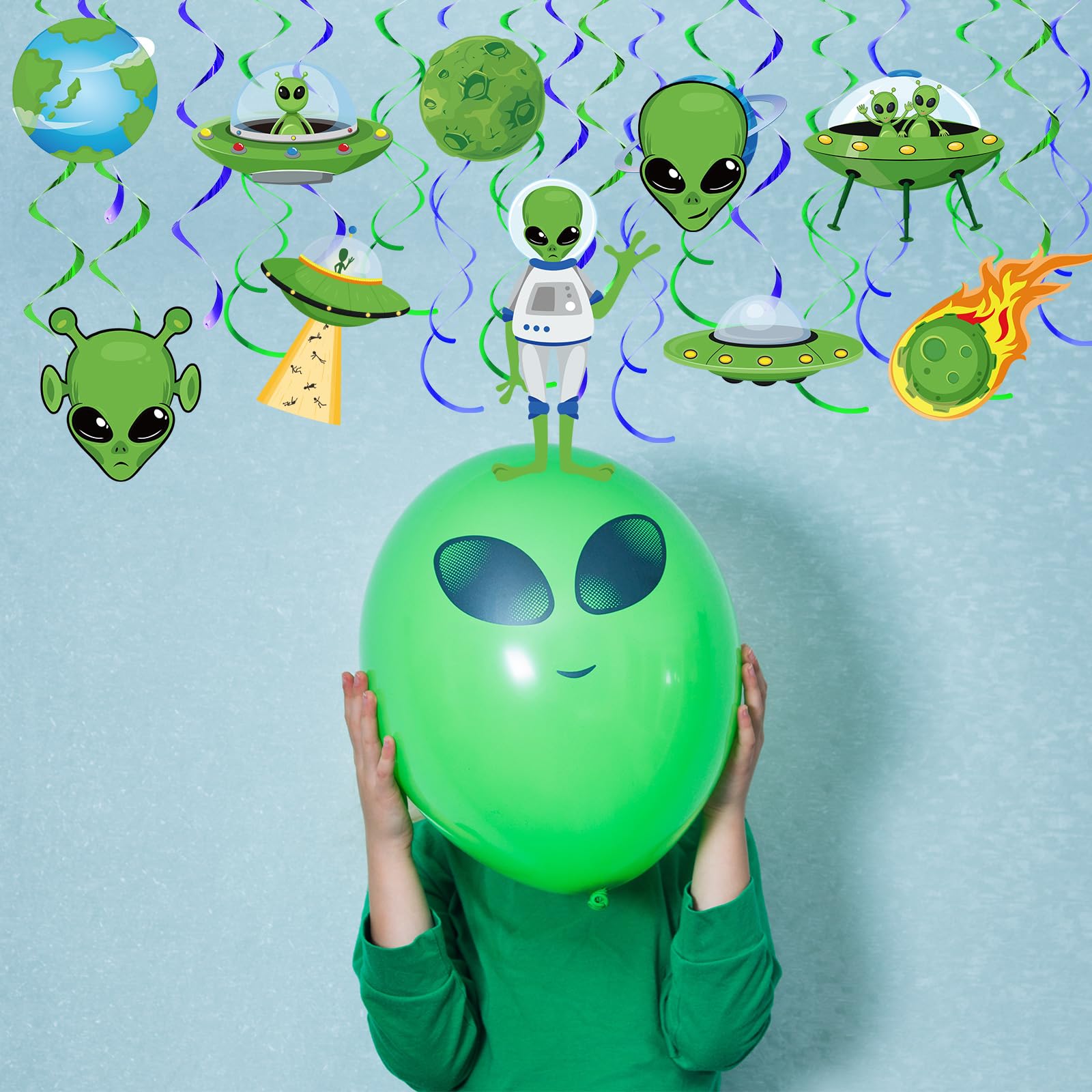 Capoda 54 Pcs Alien Decorations Hanging Swirls No DIY UFO Theme Party Ceiling Decorations Green Alien Outer Space Saucer Man Hanging Swirls Decorations for Boys Girls Birthday Baby Shower Decor