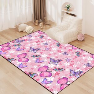 Pink Butterfly Rug - Butterfly Area Rug - Fantasy Butterflies Printed Carpets for Girls Kids Butterfly Theme Living Room Indoor Bedroom Decor 4'5''×6' Soft Polyester Large Yoga Mat