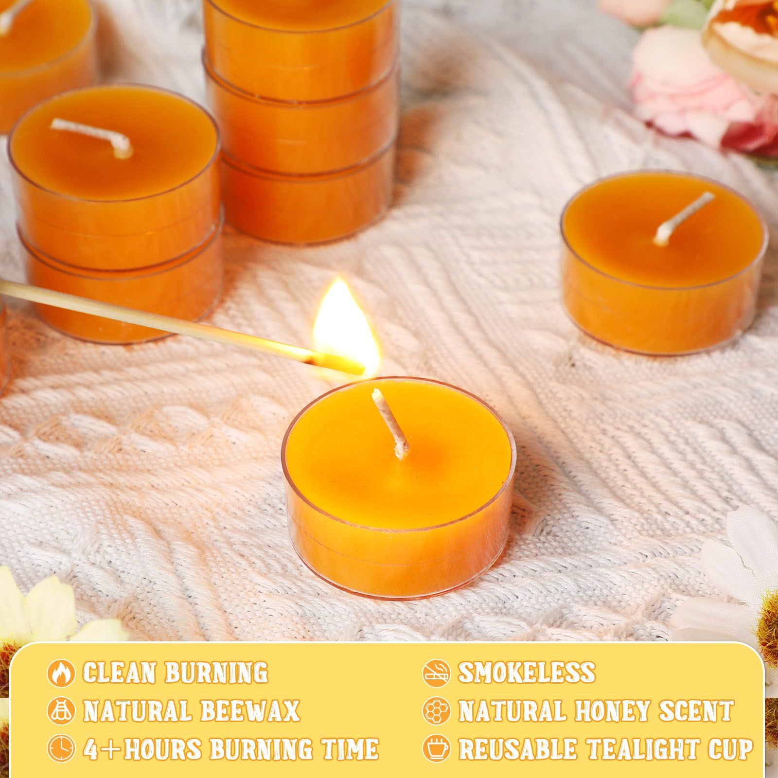 Rossesay 100 Pcs Pure Beeswax Tealight Candles Bulk Tea Light Candle with Clear Cup 2-4 Hour Burn Time Unscented Natural Beeswax Tealights for Centerpiece Table, 0.7 x 1.5 Inch(Round Shape)