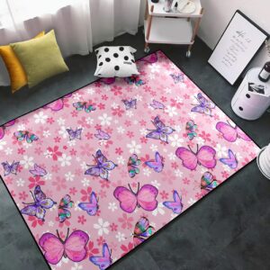 pink butterfly rug - butterfly area rug - fantasy butterflies printed carpets for girls kids butterfly theme living room indoor bedroom decor 4'5''×6' soft polyester large yoga mat