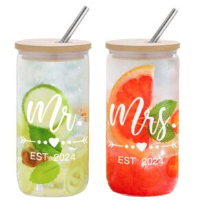 fcaylo iced coffee cups-mr and mrs gifts wedding gifts for couples 2024 bridal shower gifts glass tumbler set with straw newlyweds bride to be christmas gifts for couples