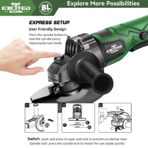 Excited Work Cordless Angle Grinder, 20V 5 inch Electric Grinder Power Tools with 2X4.0Ah Battery, Adjustable Handle,Brushless Motor for Polishing, Grinding & Cutting