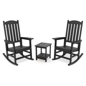 lue bona outdoor rocking chairs set of 3, 2 chairs & 1 table hdps poly rocking chair, all weather resistant, heavy duty rocking chair for patio, lawn, garden, 300lbs, black