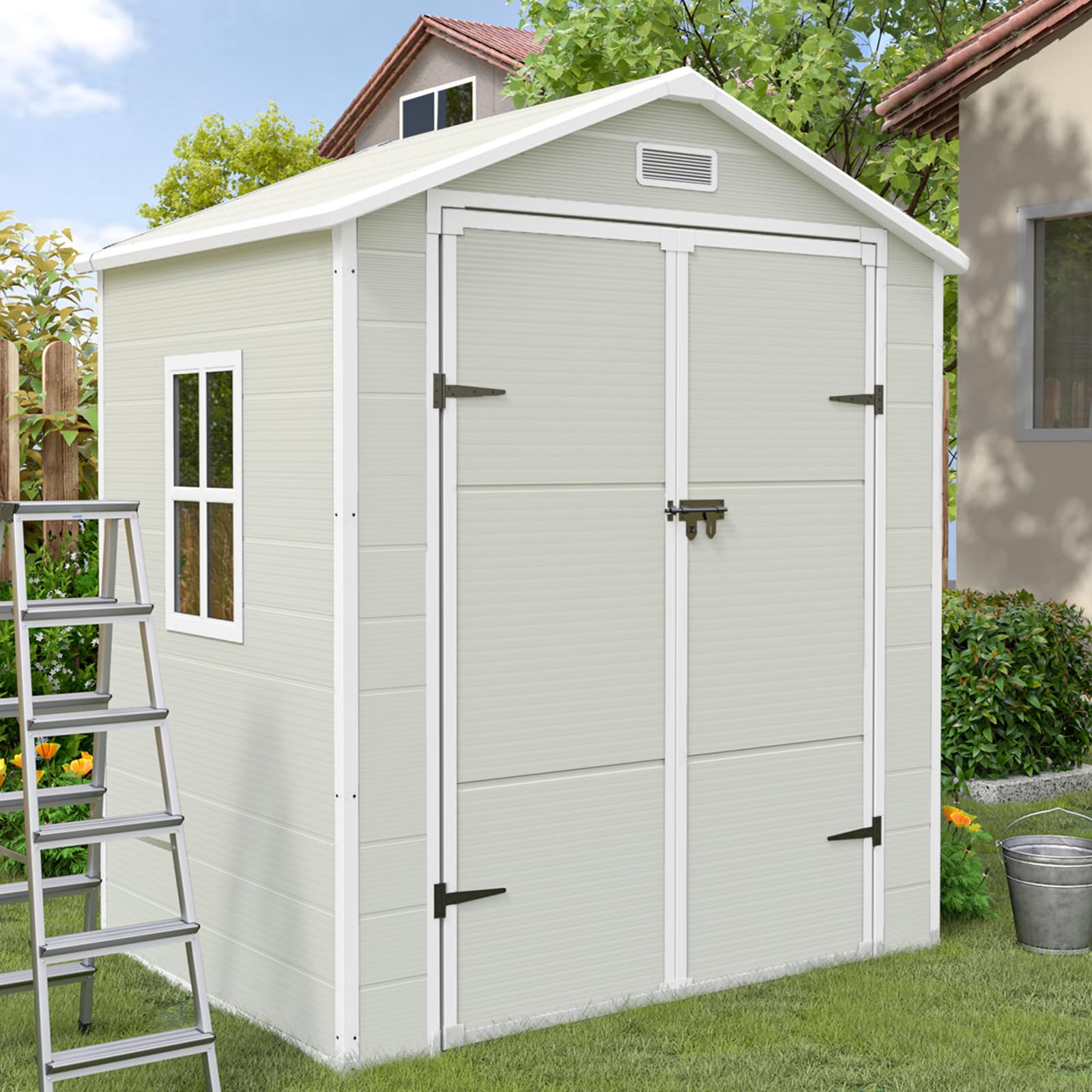 UDPATIO Outdoor Storage Shed 6x4.5 FT, Resin Outside Sheds & Outdoor Storage Plastic for Trash Can, Bike, Lawnmower, Generator, Tool Shed with Lockable Door for Backyard, Lawn, Patio, Sandstone