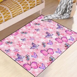 Pink Butterfly Rug - Butterfly Area Rug - Fantasy Butterflies Printed Carpets for Girls Kids Butterfly Theme Living Room Indoor Bedroom Decor 4'5''×6' Soft Polyester Large Yoga Mat